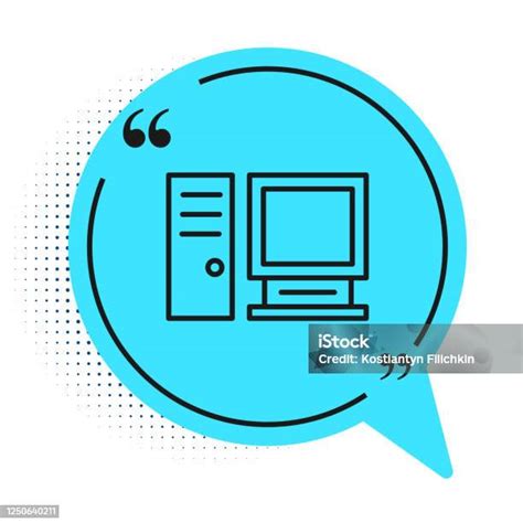 흰색 배경에 격리 된 검은 줄 컴퓨터 모니터 아이콘 Pc 구성 요소 기호입니다 파란색 음성 버블 기호입니다 벡터 일러스트레이션 0명에 대한 스톡 벡터 아트 및 기타 이미지