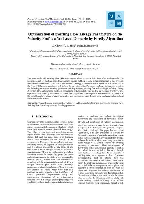 Pdf Optimization Of Swirling Flow Energy Parameters On The Velocity