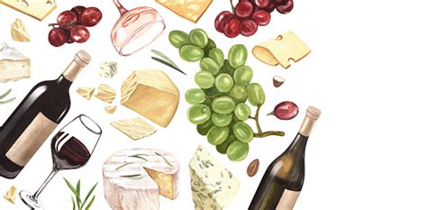 수채화 프레임 와인과 치즈 손으로 음식 개체로 배경을 그립니다 화이트 와인 병과 유리 적포도 치즈 와인 리스트 라벨 배너 메뉴 전단지 브로셔 템플릿에 대한 개념 개체 그룹에