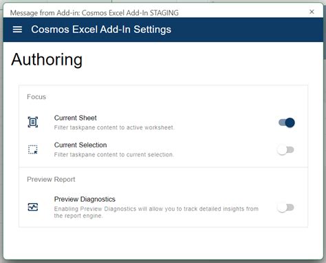 working with the cosmos excel add in settings cosmos data technologies