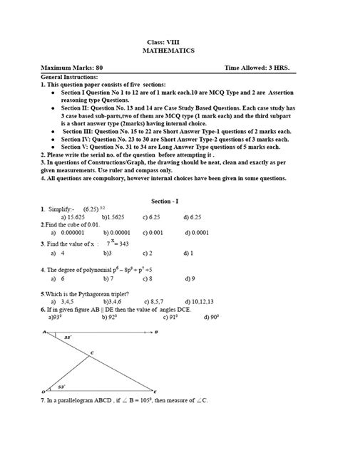 Viii Sample Paper Mathematics Pdf