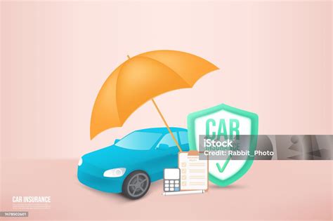 3d 자동차 보험 개념입니다 자동차 보험 문서 체크 표시가 있는 방패가 있는 3d 아이콘 우산 우산 아래 자동차 안전 3d 자동차 보험 벡터 일러스트 레이 션입니다 보호에