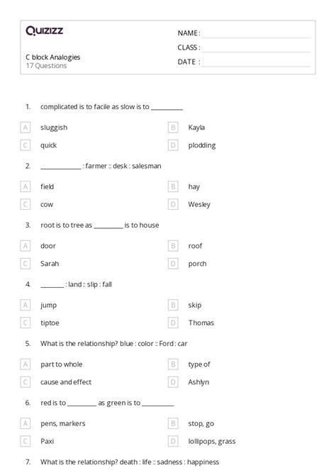 50 Analogies Worksheets For 7th Year On Quizizz Free And Printable