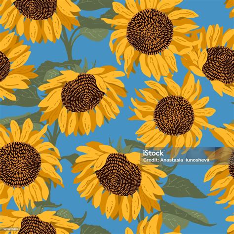 꽃 이음새가 없는 무늬 파란색 배경에 노란색으로 피는 해바라기 포장지 배경 화면 직물 엽서를위한 현대 벡터 일러스트 레이 션 0명에 대한 스톡 벡터 아트 및 기타 이미지