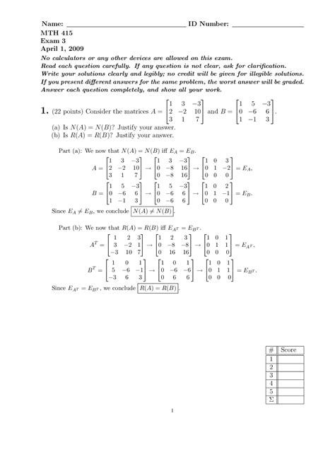 Exam 3 Solution Applied Linear Algebra Mth 415 Docsity