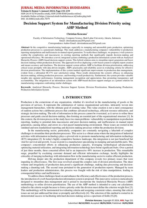 Pdf Decision Support System For Manufacturing Division Priority Using Ahp Method