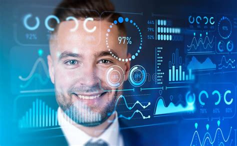 Smiling Businessman And Digital Business Data Chart Percentage Circle