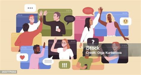 사람들은 5개를 줍니다 직원 팀은 일반적인 비즈니스 채팅 프로젝트 출시 화상 회의 온라인 커뮤니케이션 만화 평면 스타일 고립 된 깔끔한 벡터 개념의 성공을 기뻐합니다 화상