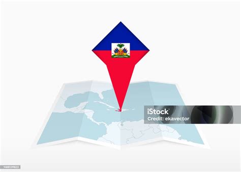 아이티는 접힌 종이지도와 아이티 국기로 고정 된 위치 마커에 묘사되어 있습니다 기에 대한 스톡 벡터 아트 및 기타 이미지 기 도시 도회지 Istock