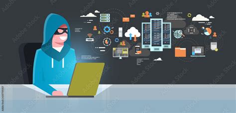 Man Black Mask Sitting At Computer Hacker Activity Concept Viruses Data