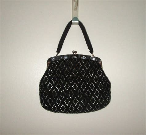 Vintage 1950s 1960s Black Lucite Lumured Beaded Handb Gem