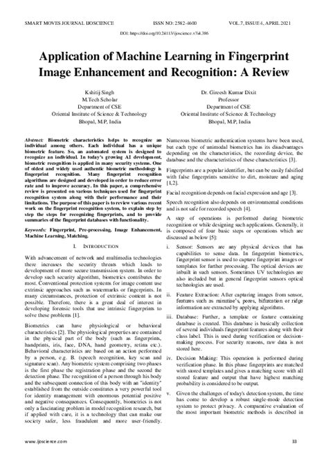 Pdf Application Of Machine Learning In Fingerprint Image Enhancement And Recognition A Review