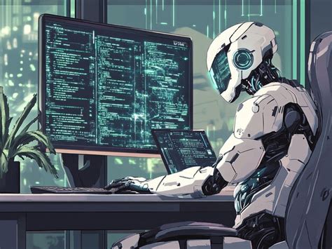 An Illustration Of A Humanoid Robot Sitting At A Desk Coding On A