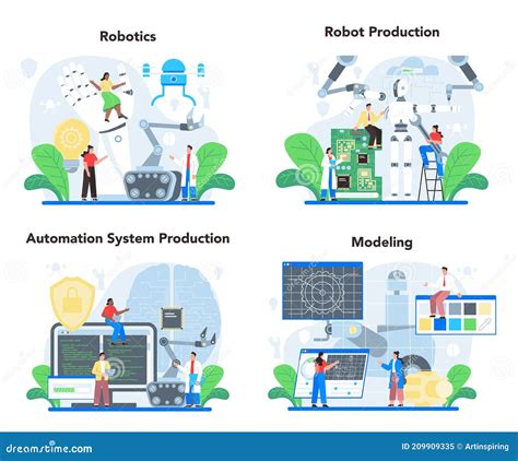 Roboticist Concept Set Robotic Engineering And Constructing Stock Vector Illustration Of