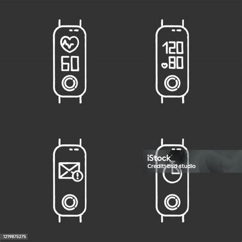 피트니스 추적기 상태 모니터링 분필 아이콘 세트입니다 혈압과 심박수 지표가있는 웰빙 가제트 메일 알림 및 스톱워치 픽토그램 절연 벡터 칠판 그림 0명에 대한 스톡 벡터 아트