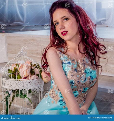 Redheaded Girl With Formal Dress Stock Photo Image Of Indoors Makeup