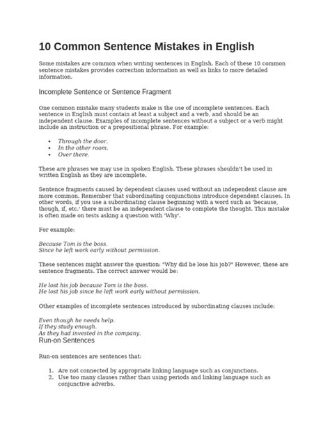 10 Common Sentence Mistakes In English Pdf Verb Syntax