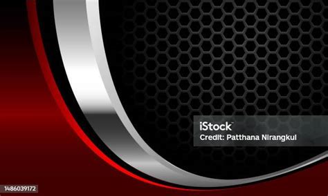 짙은 회색 육각형 메쉬 블랙 섀도우 디자인에 추상적인 레드 메탈릭 실버 커브 라인 현대 미래 배경 벡터 0명에 대한 스톡 벡터