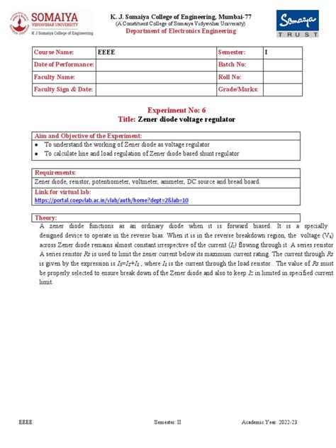 Zener Diode Voltage Regulator Experiment Pdf Diode Electrical Components