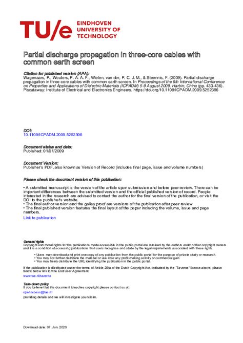 Pdf Partial Discharge Propagation In Three Core Cables With Common Earth Screen