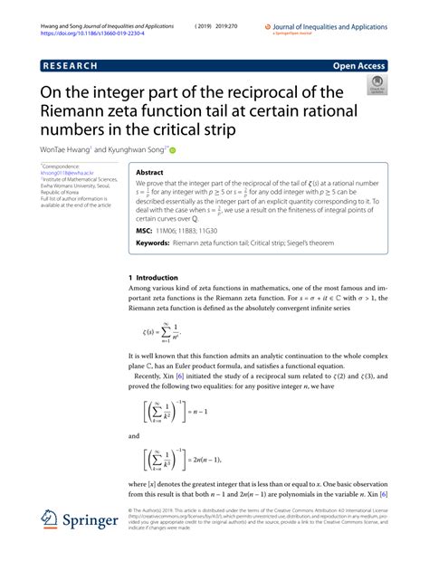 Pdf On The Integer Part Of The Reciprocal Of The Riemann Zeta Function Tail At Certain