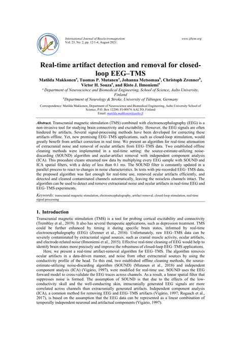 PDF Real Time Artifact Detection And Removal For Closed Loop EEG TMS