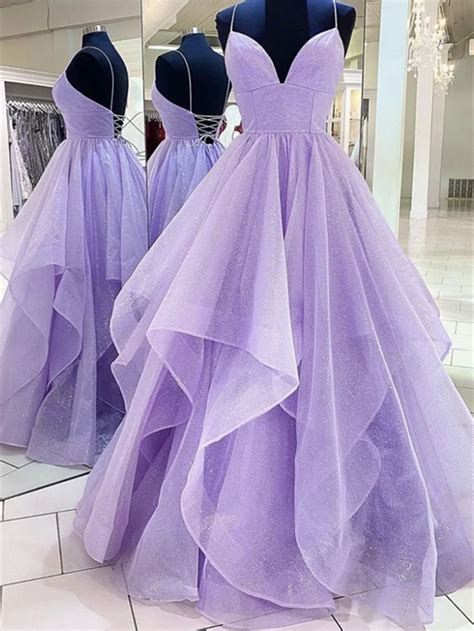 A Line V Neck Purple Tulle Long Prom Dresses A Line V Neck Purple