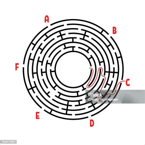 추상 라운드 미로 아이들을위한 게임 어린이 퍼즐 6개의 입구 1개의 출구 미로 수수께끼 흰색 배경에 격리 된 간단한 평면 벡터 그림입니다 대답과 함께 개념에 대한 스톡 벡터