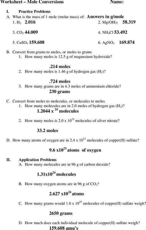Mole Particle Conversions Worksheets