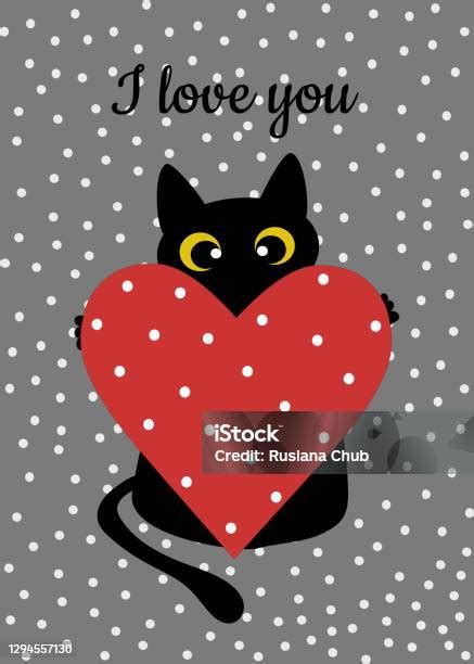 회색 배경에 물방울 무늬가있는 검은 고양이와 붉은 마음 발렌타인 데이인사카드 사랑의 선언 컵 직물 옷 노트북에 세련된 인쇄를위한 패턴 2월에 대한 스톡 벡터 아트 및 기타