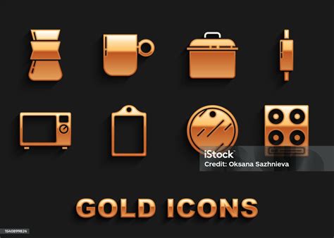 도마 롤링 핀 가스 렌지 전자 레인지 요리 냄비 커피 터크 및 컵 아이콘을 설정합니다 벡터 가열장치에 대한 스톡 벡터 아트 및