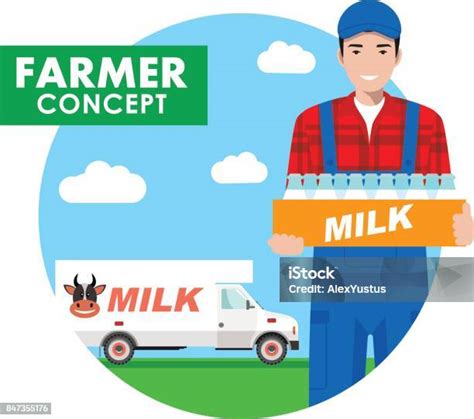 농부 개념입니다 드라이버 우유 트럭 플랫 스타일에 배경 작업 바지에서 우유의 상세한 그림 벡터 일러스트입니다 기업 재무와 산업에 대한 스톡 벡터 아트 및 기타 이미지