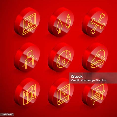 세트 라인 온라인 박물관 석기 시대 화살표 머리 교차 인간의 뼈 그림과 로프 장벽 지구 지구 공룡 두개골 박물관 가이드 브로셔 및 역사 책 아이콘 벡터 3차원 형태에 대한