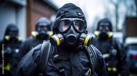 Gas Mask Wearing Officers Assess A Chemical Leak In An Industrial Warehouse Technicians In Gas
