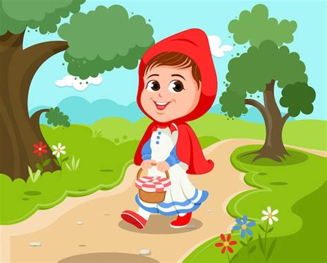 빨간 망토 동화 만화 캐릭터 벡터 일러스트 레이 션 설정 프리미엄 벡터