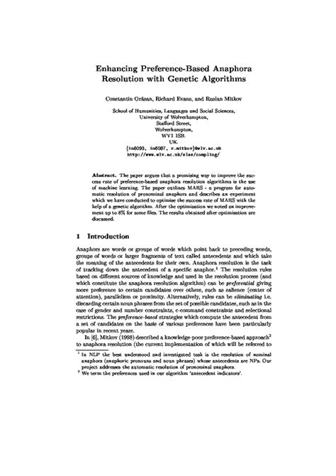 Pdf Enhancing Preference Based Anaphora Resolution With Genetic Algorithms