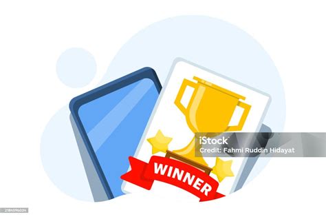 게임 콘테스트 또는 온라인 승리 경쟁 개념 휴대 전화의 우승자 트로피 휴대 전화 화면의 평면 만화 챔피언 상 또는 업적 배경에 평면 벡터 그림 0명에 대한 스톡 벡터 아트