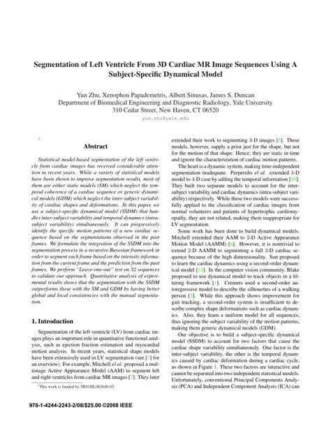Pdf Segmentation Of Left Ventricle From 3d Cardiac Mr Image Sequences Using A Subject Specific