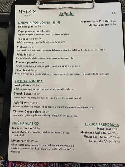 Menu At Restoran Matrix Restaurant Zagreb