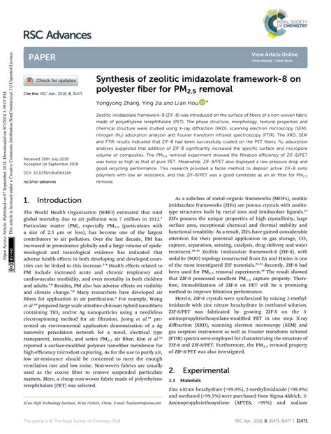 Pdf Synthesis Of Zeolitic Imidazolate Framework 8 On Polyester Fiber For Pm 25 Removal