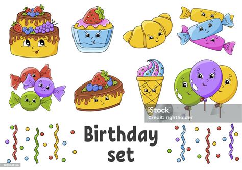 귀여운 만화 캐릭터와 스티커 세트 생일 축하 테마 손으로 그린 다채로운 팩 벡터 그림입니다 패치 배지 컬렉션 레이블 디자인 요소입니다 일일 플래너 일기 주최자 생일에 대한