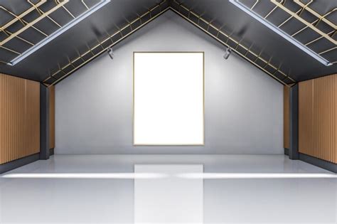광고 창고 및 창고 개념 3d 렌더링을 위해 벽에 빈 흰색 모의 포스터가 있는 현대적인 콘크리트 격납고 내부 프리미엄 사진