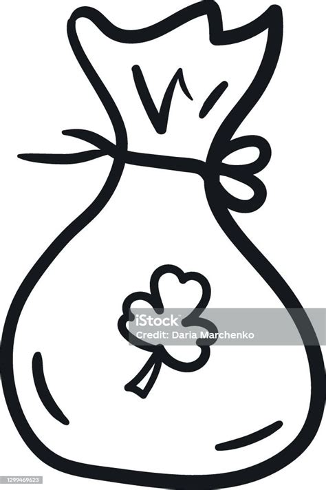 흰색 고립 된 배경에 클로버와 손으로 그린 작은 가방 낙서 간단한 개요 그림 세인트 패트릭의 날 St Patricks Day