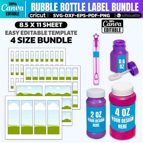 Editable Bubble Bottle Labels Bundle 4 Sizes Party Favor Stickers