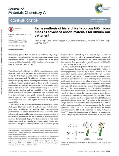 Pdf Facile Synthesis Of Hierarchically Porous Nio Microtubes As Advanced Anode Materials For
