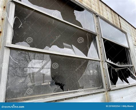 Old Creepy Scary Abandoned Building Side View Shattered Window Stock