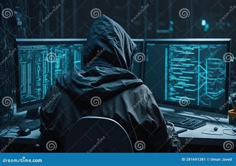 mystery male hoodie hacker wearing black mask sitting with computers on