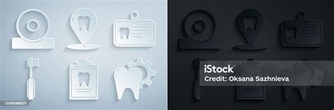 치과 카드 아이디 치 칫솔 치료 절차 치과 진료소 위치 및 이비인후과 머리 반사판 아이콘으로 클립보드를 설정합니다 벡터 3차원 형태에 대한 스톡 벡터 아트 및 기타 이미지