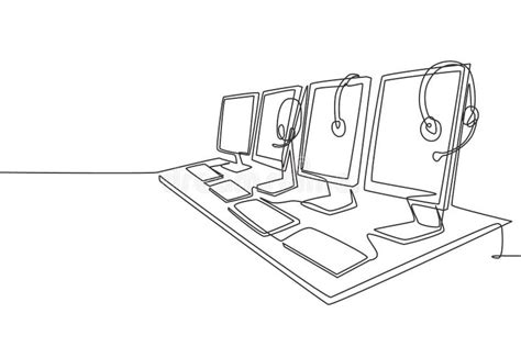 One Continuous Line Drawing Of Set Of Customer Service Equipment