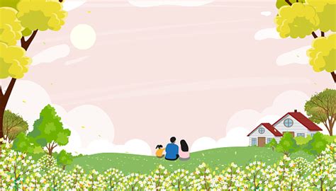 분홍색 하늘 구름 배경 벡터 일러스트 레이 션을 보면서 정원 공원에 앉아있는 가족과 함께 봄 풍경 귀여운 만화 자연 녹색 잔디 밭 화창한 날 여름에 언덕에 초원 꽃 가족에